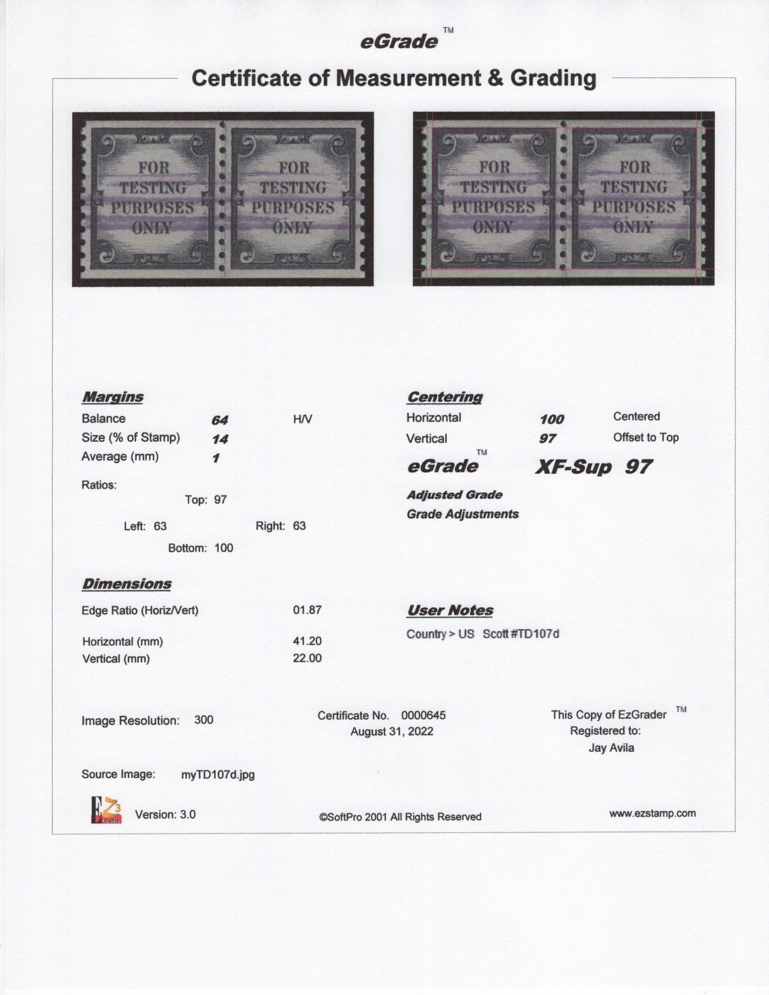 US Scott #TD107d Test Stamps Coil Line Pair eGraded With Certificate ...