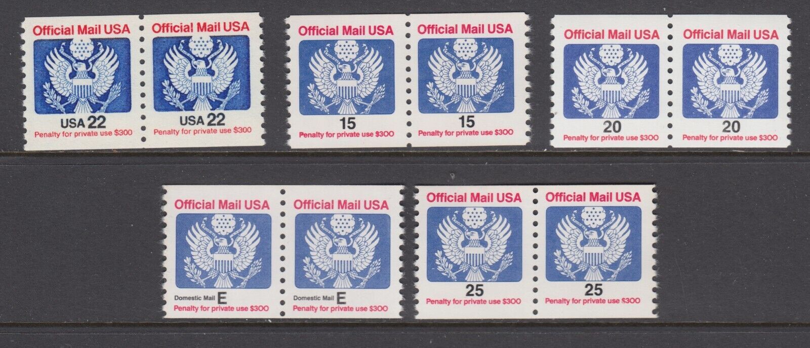 US Sc O135/O141 MNH. 1983-88 Official stamps, 5 different coil pairs ...
