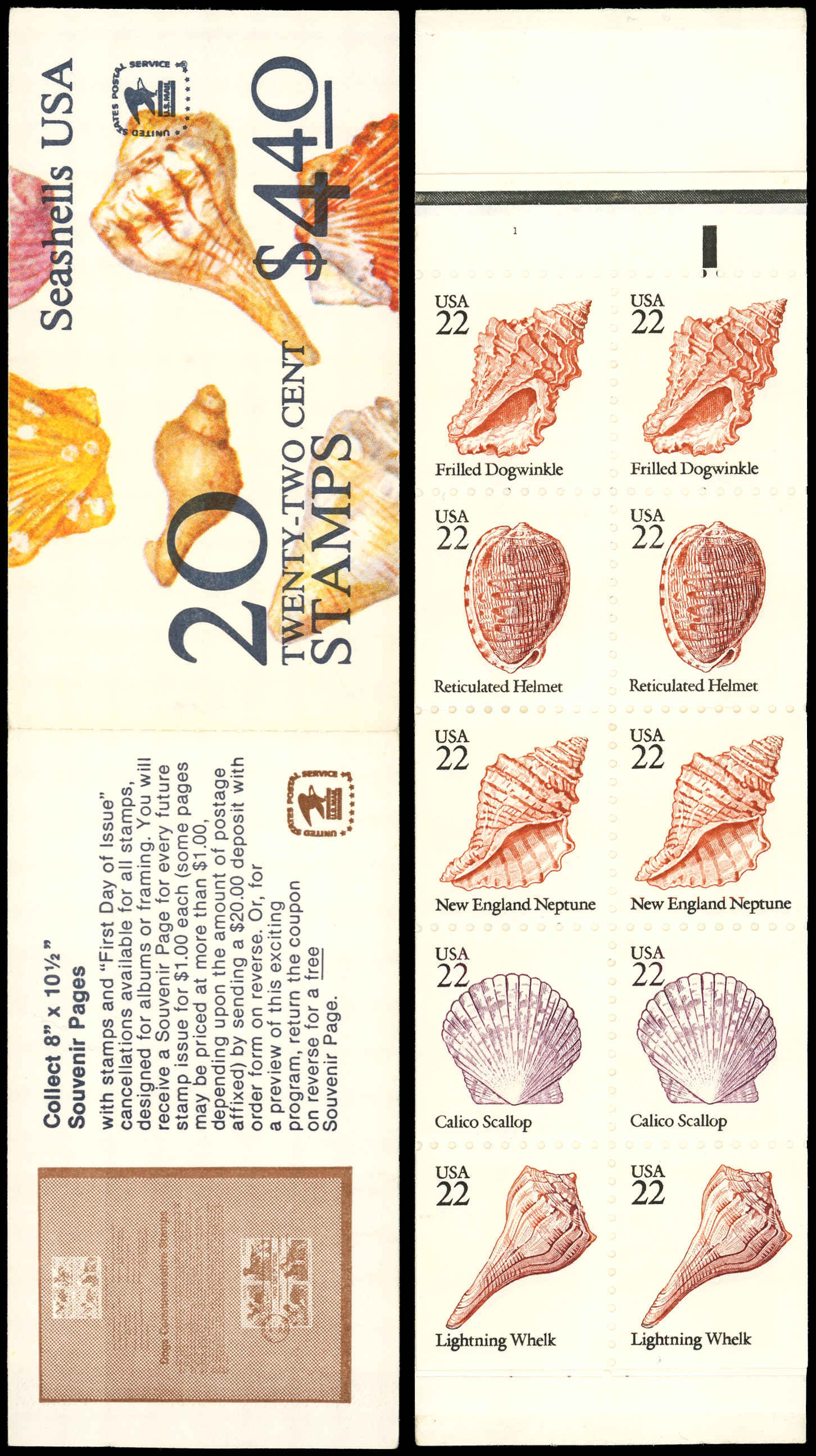 US Sc BK146 (2121a) COMPLETE BKLT -1985 Seashells - 2 Pane of 10 each ...