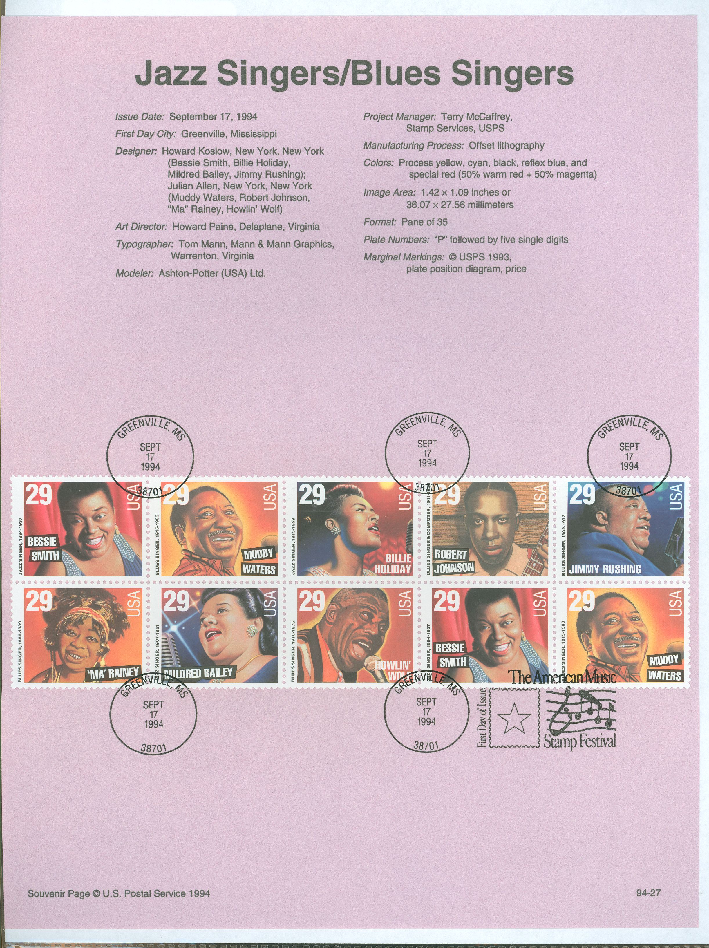 US SP1076 1994 29c jazz / blues singers, pane of 10 on official usps ...