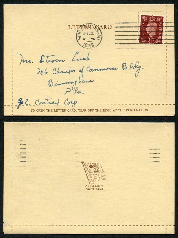 Bahamas 18 July 1939 1 1/2d GB on Letter card Postmarked SHIP MAIL ...