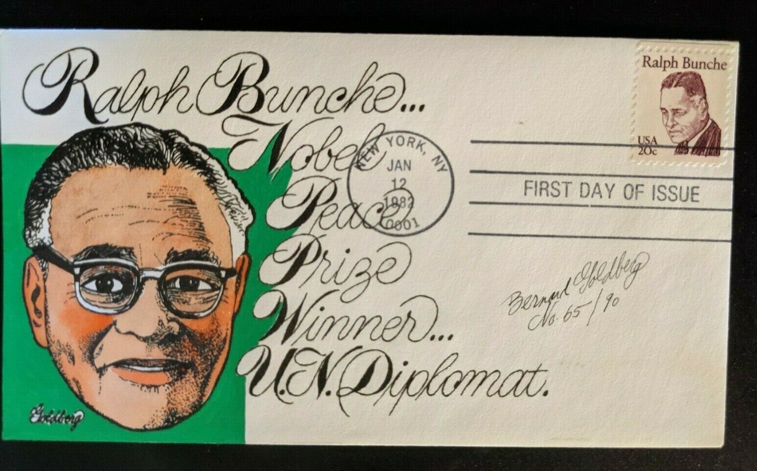 1982 Ralph Bunche Nobel Prize Win Goldberg Signed Hand Painted First ...
