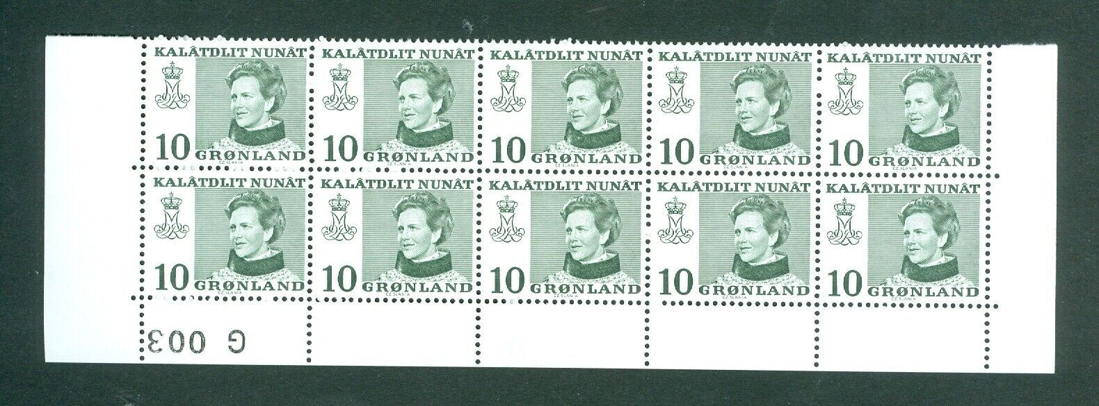 Greenland.1 Mnh 10-Plate Block 1973 # G 003. 10 Ore Queen. Sc # 87 ...
