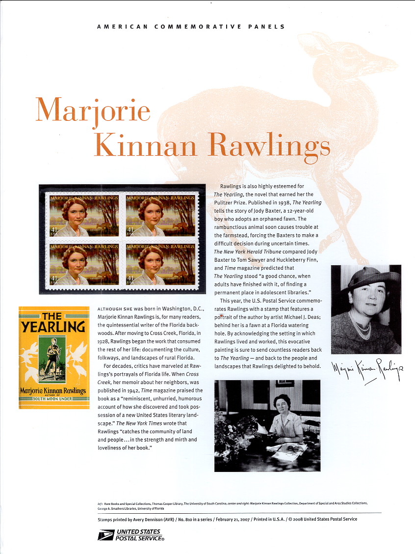 US CP810 Marjorie Rawlings 4223 Commemorative Panel Mint | United ...