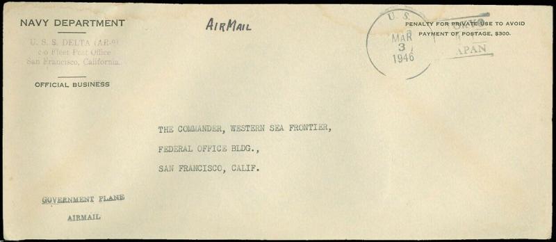1946 USS Delta Ar-9, Navy Dept O.B., Government Plane Airmail H/S ...