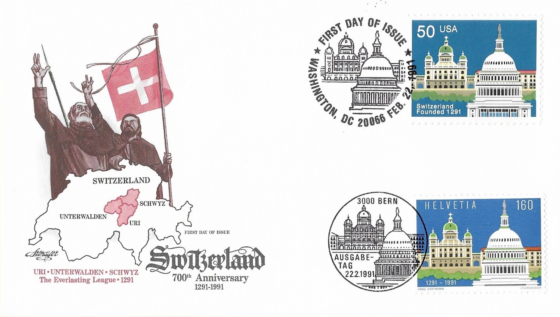 1991 FDC, #2532, 50c Switzerland 700th, Artmaster, dual issue w ...