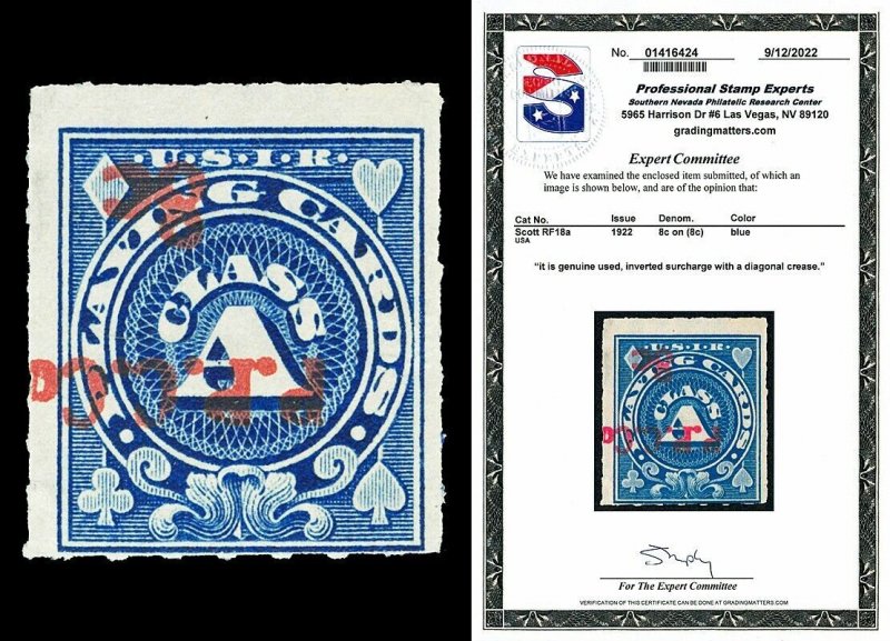 Scott RF18a 1922 "A" Playing Card Revenue Inverted Surcharge with PSE ...