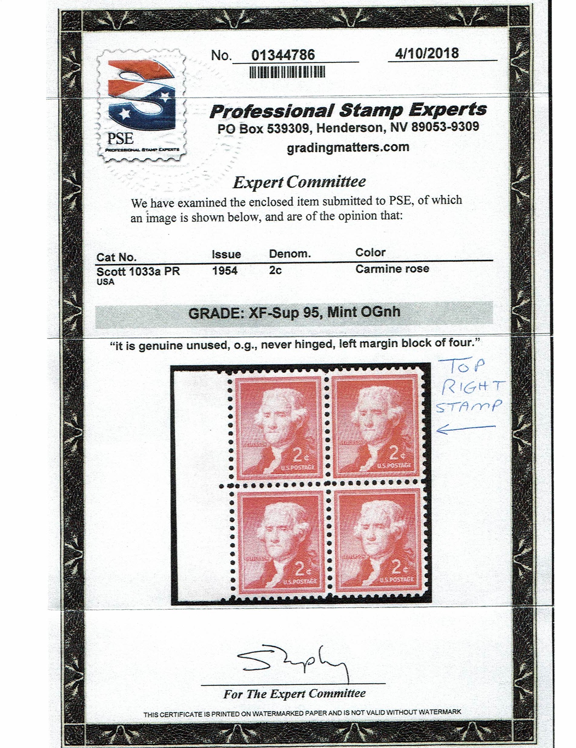 Scott #1033a XF/Sup-OG-NH. SMQ - $725.00. A magnificient showpiece ...