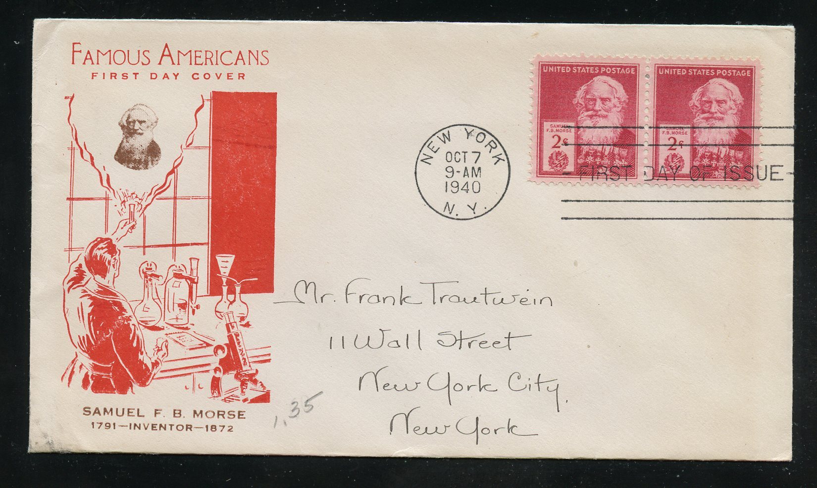 US 890 M=4 Samuel Morse Famous American Fidelity cachet FDC ADDR ...