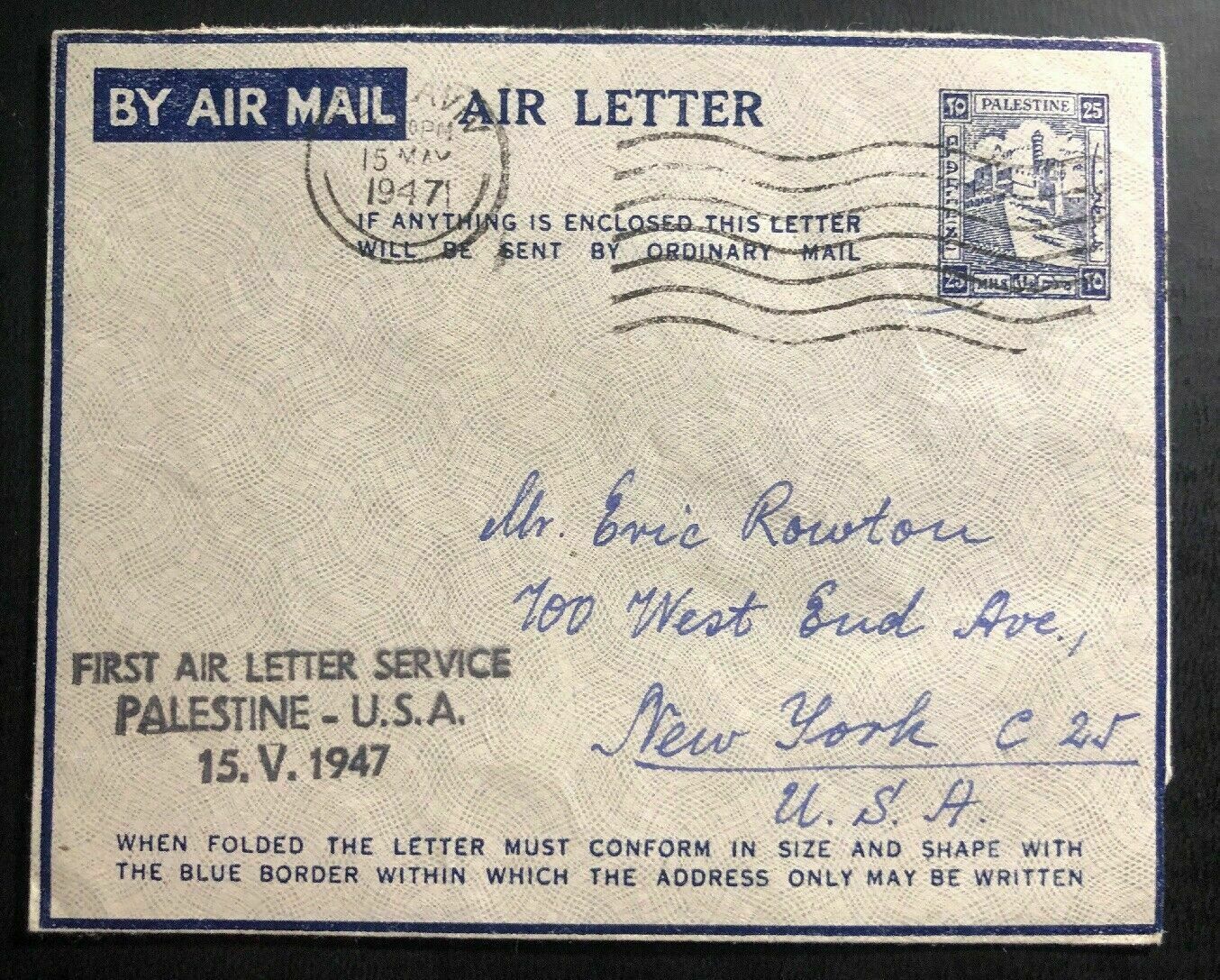 1947 Tel Aviv Palestine First Air Letter Flight Cover To New York USA ...
