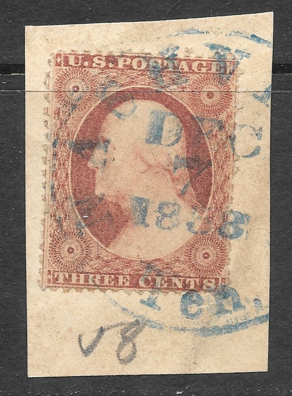 Used 1857 Scott #25 Type I 3c Postage Stamp w/1858 Blue CDS On-Piece ...