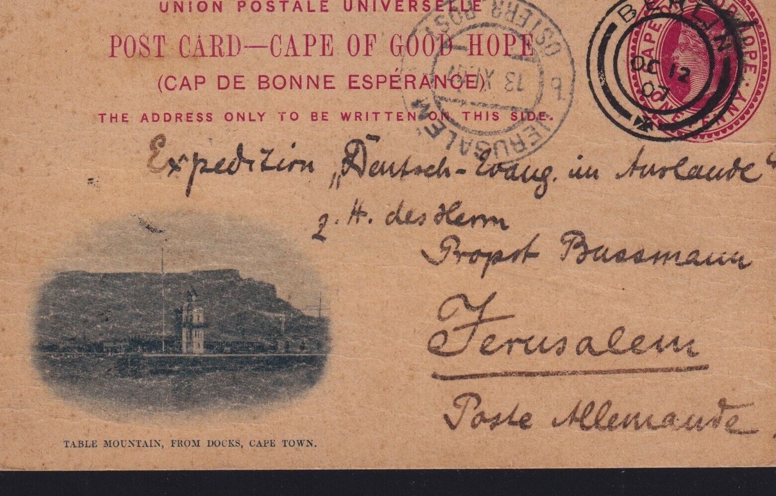 Cape of Good Hope 1907 Postal Stationery Card Berlin to Jerusalem Poste ...