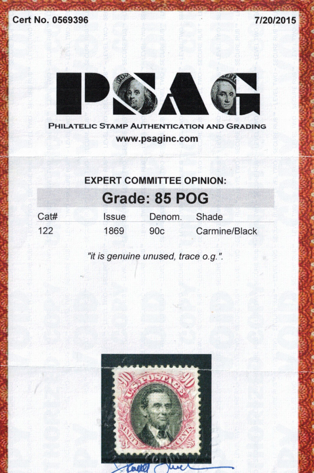 USA #122 Extra Fine Mint Part Original Gum Hinged **With Certificate ...