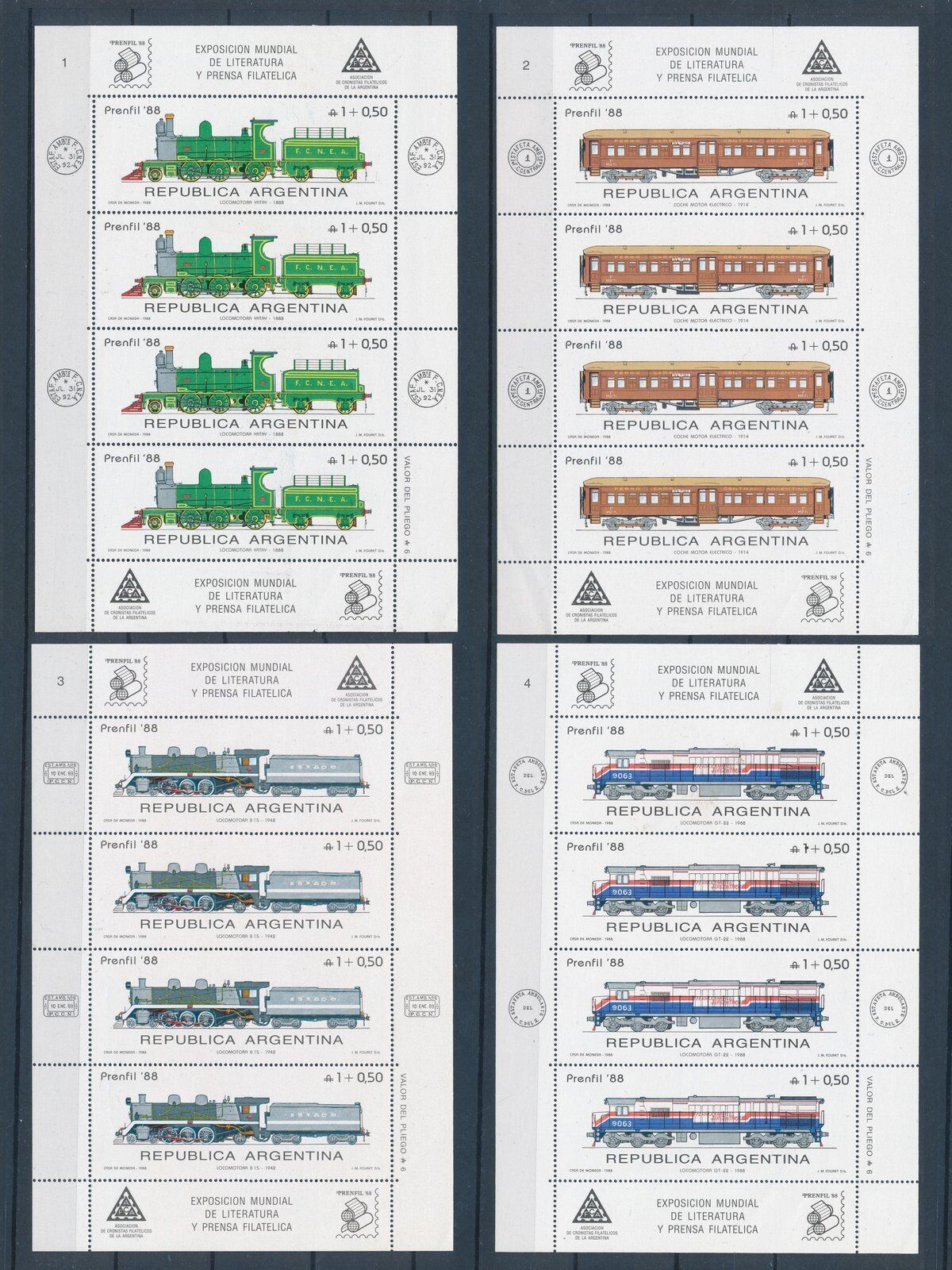 [114063] Argentina 1988 Railway trains Eisenbahn 4 Complete sheets MNH ...