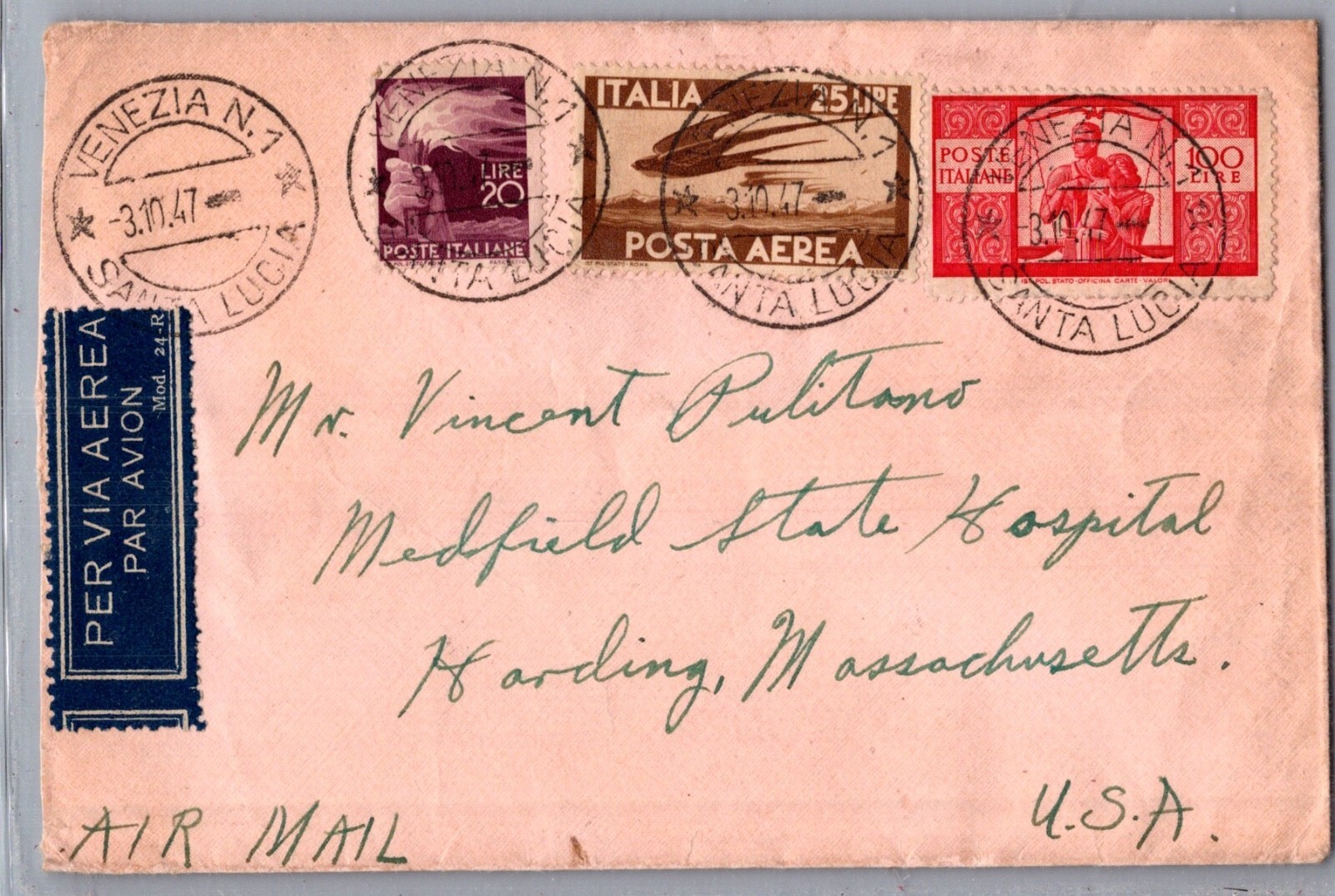 Italy 1947 Postal History Airmail Cover Mult Franking Addr USA ...