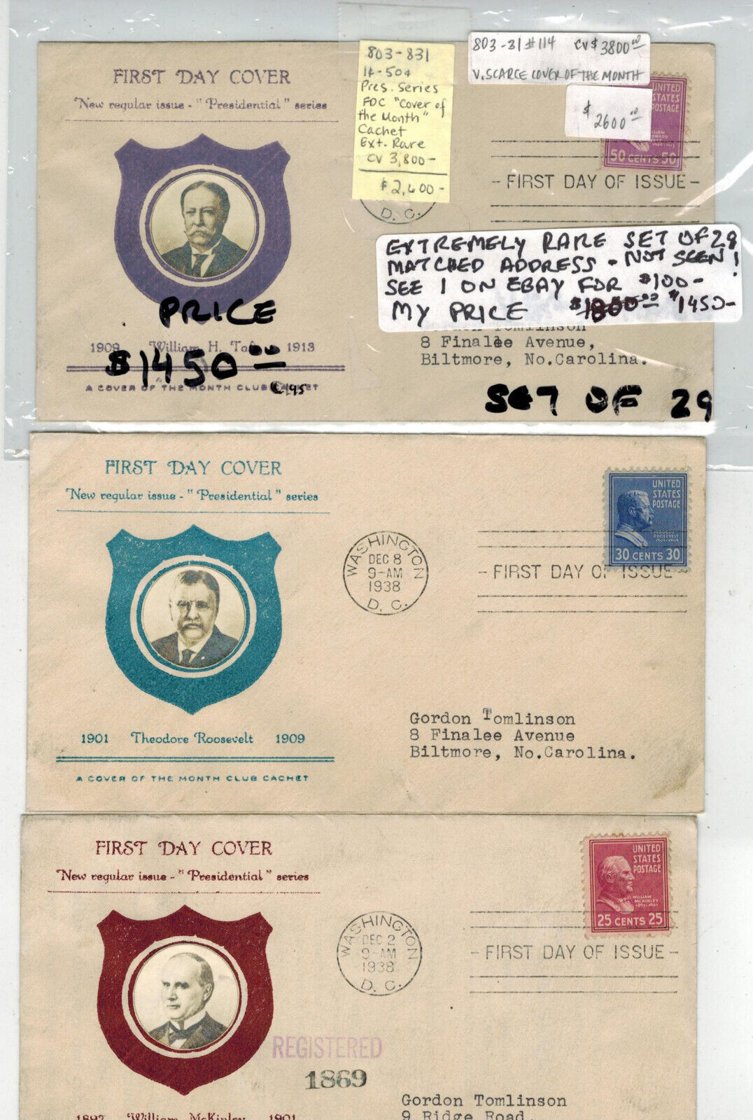 Extremely Rare Cover of the Month Matched SET 29 Presidentials 1938 ...