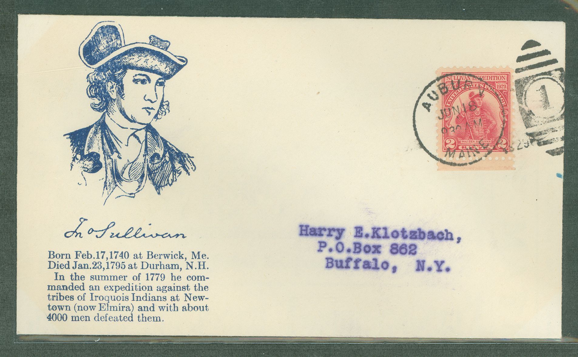 US 657 1929 2c Sullivan Expedition (single) on an addressed (stencil ...