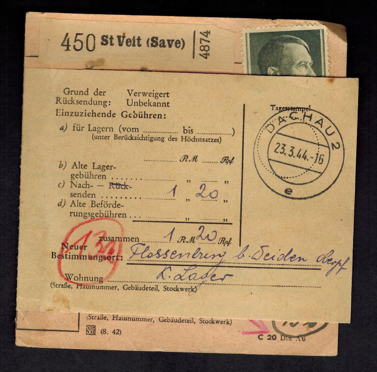 1944 Germany Dachau Concentration Camp Parcel Cover Forwarded to ...