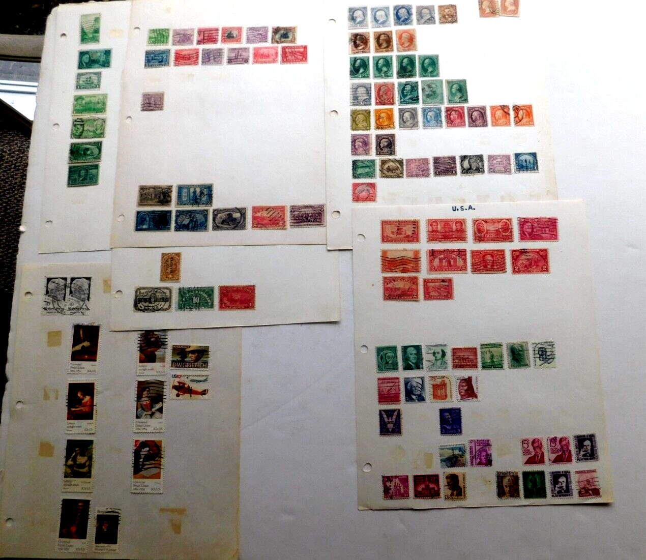 US Approx 600 stamps on Album Pages, Precancels, Reg, Air, 10c Famous ...