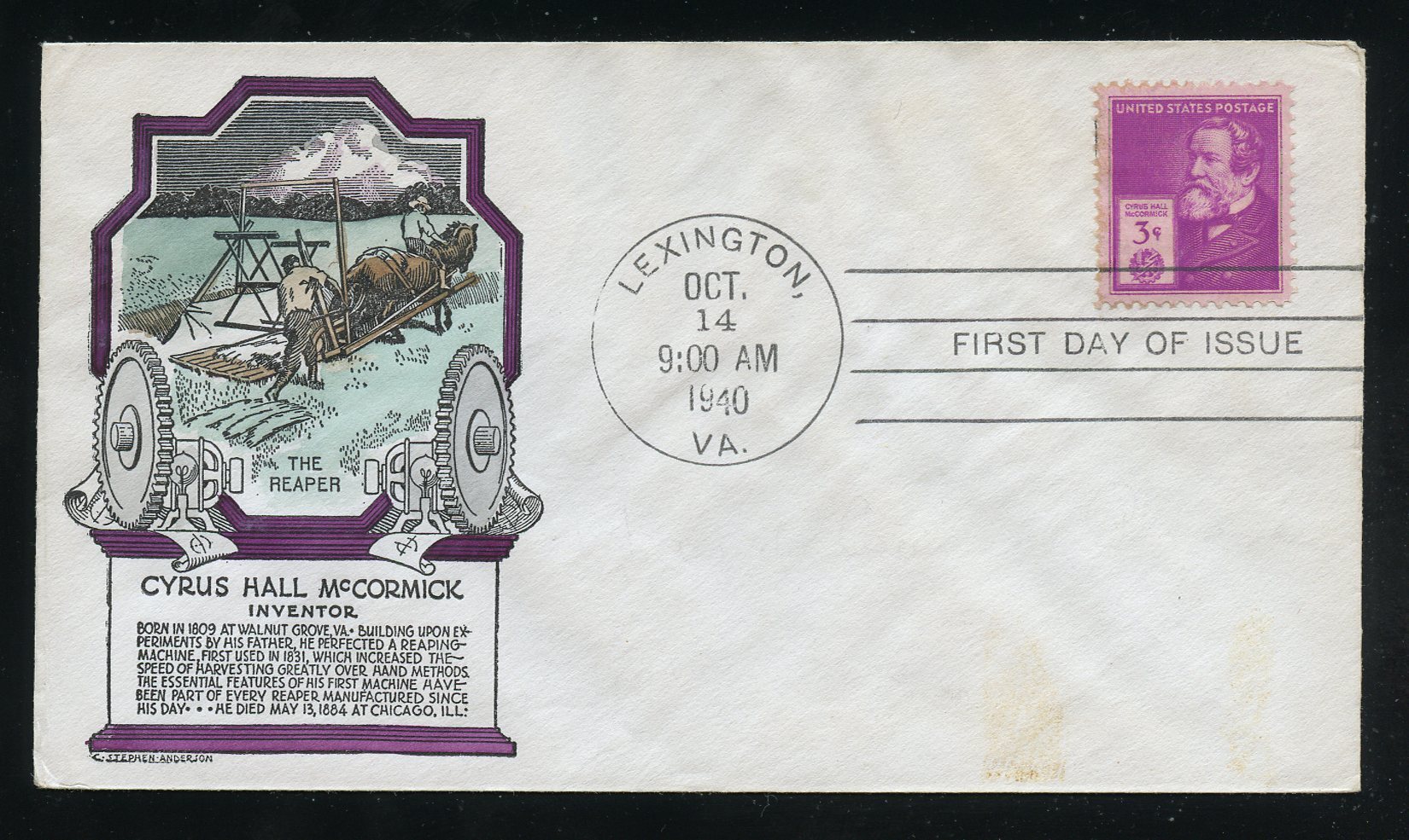 US 891 M=8 Cyrus McCormick Famous American Anderson HP cachet FDC ADDR ...