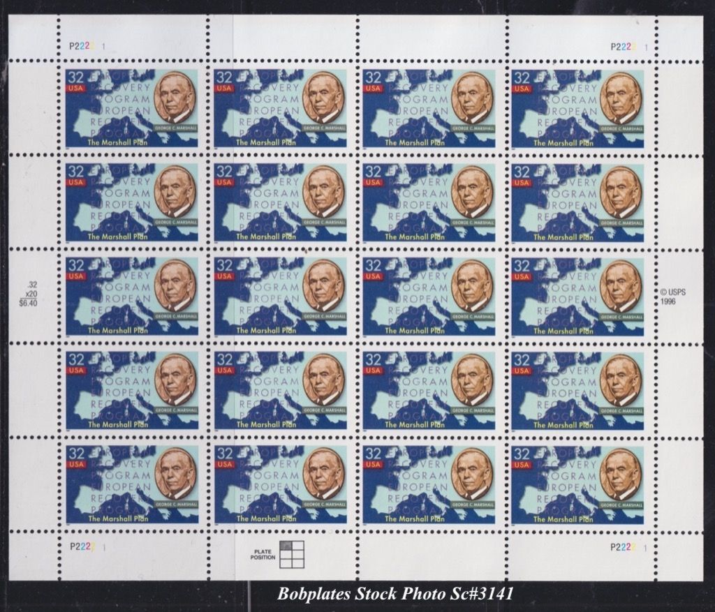 BOBPLATES #3141 Marshall Plan Sheet of 20 F-VF MNH ~See Details for #s ...