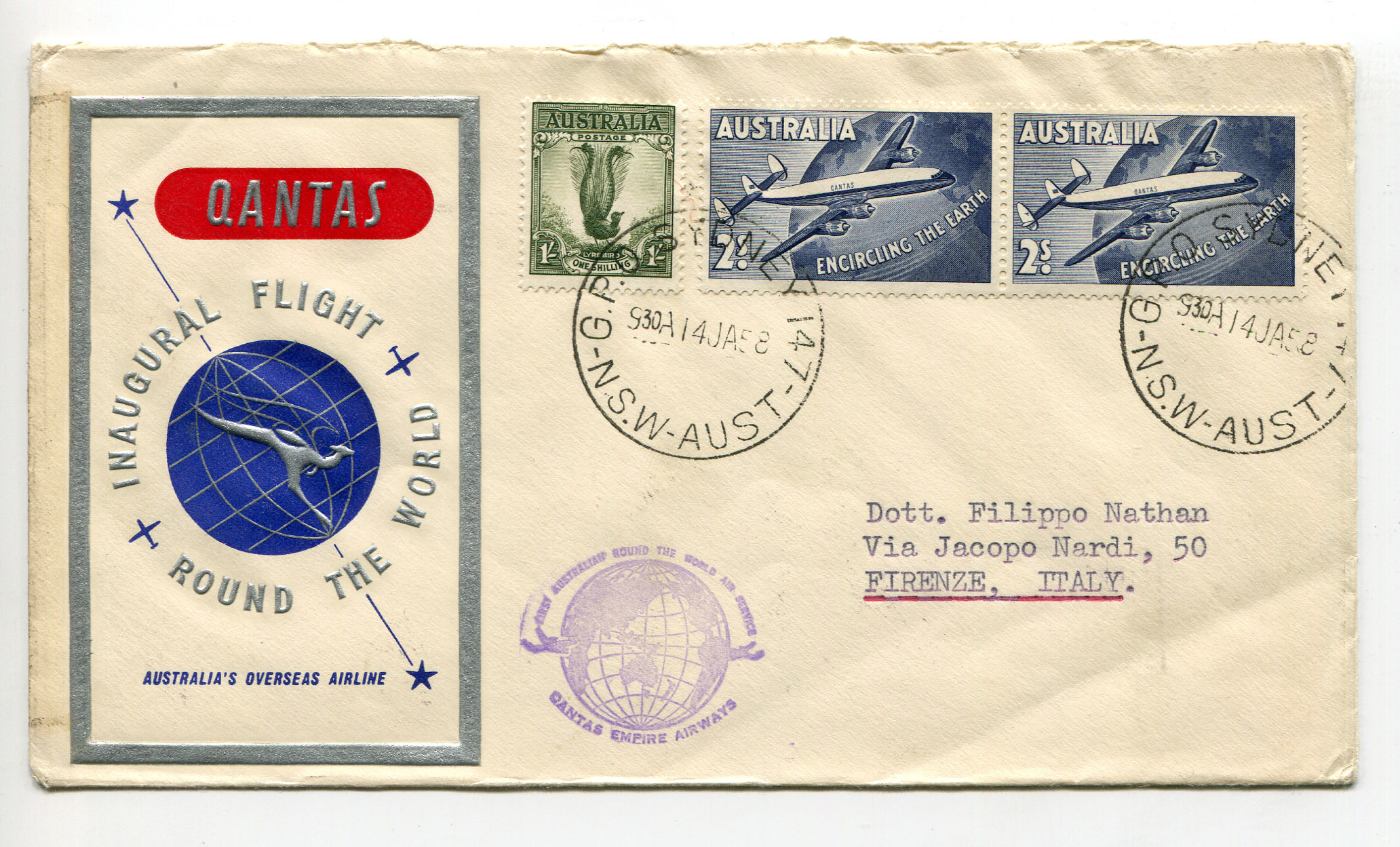 Quantas Sydney / Rome of 14.1.58 - Aerogramme for Florence | Europe ...