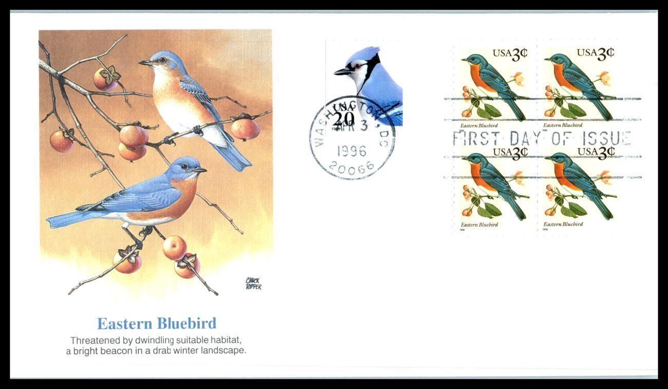 1996 Eastern Bluebird 3c sheet stamp Sc 3033 with premium Fleetwood ...