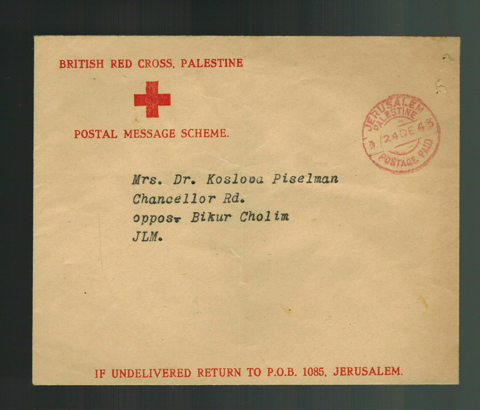 1943 Jerusalem Palestine Stampless cover British Red Cross Envelope Postpaid | Middle East ...