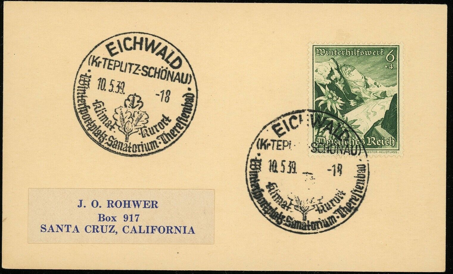 Eichwald 1939 Winter Resort Special Postmark Card Deutsches Reich ...