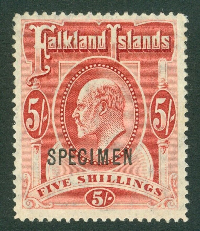 SG 50s Falklands 1904-12. 5/- red, overprinted specimen, watermark mult ...