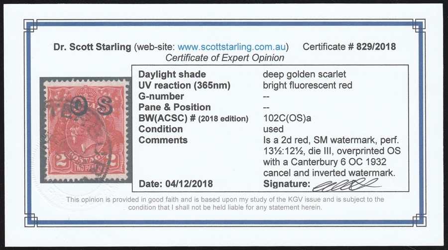 AUSTRALIA 1932 KGV 2d OS Small multi wmk INVERTED. ACSC 102(OS)a. 10 ...