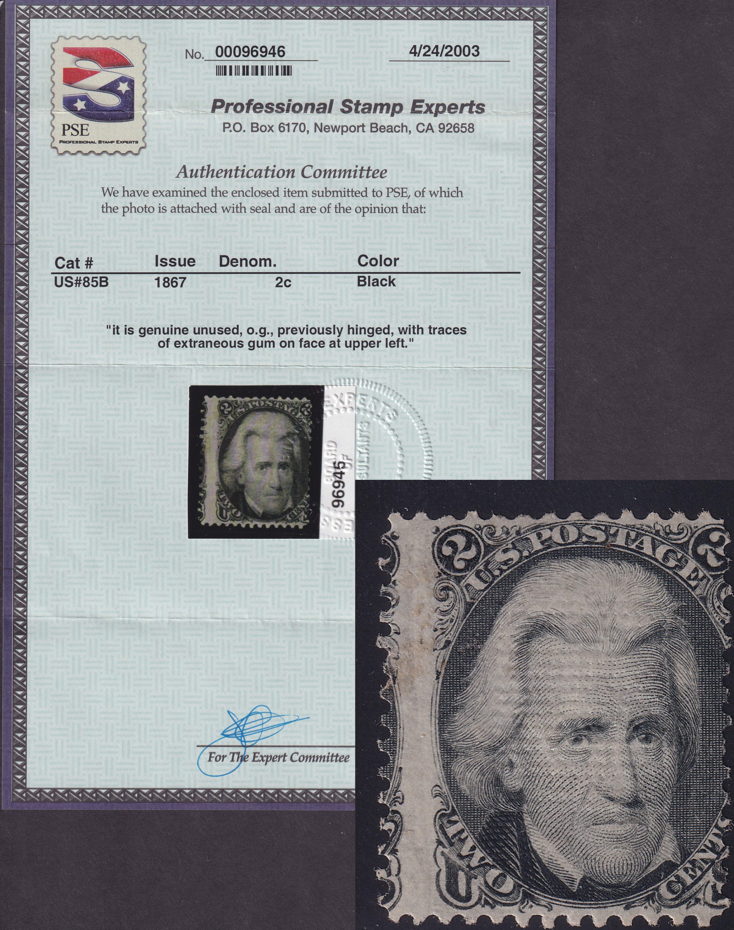 #85B Mint LH, , PSE Cert, full original gum, lightly hinged, rare and ...