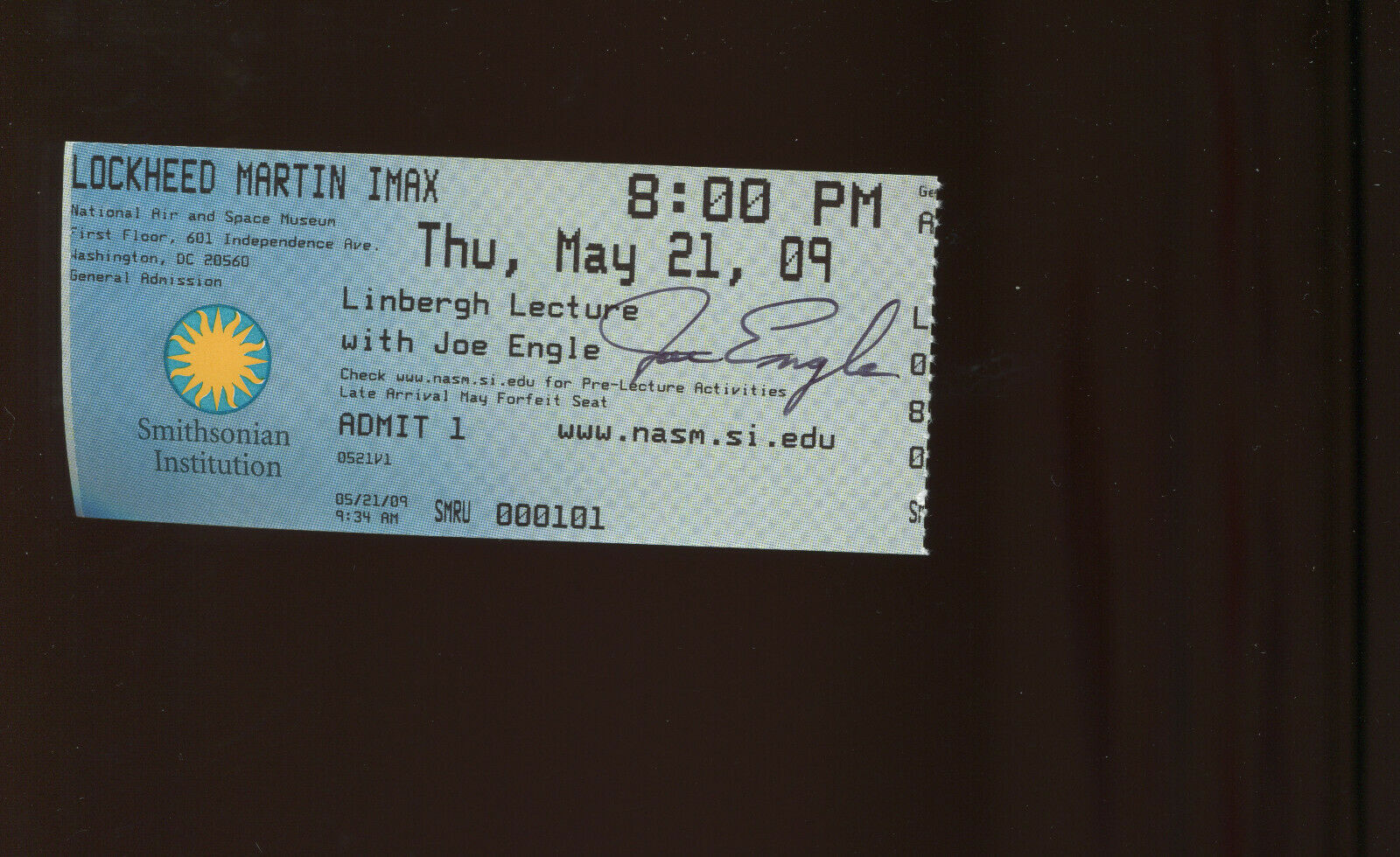 Astronaut JOE Engle Signed Imax Ticket MAY 21, 2009 Lindbergh Lecture ...