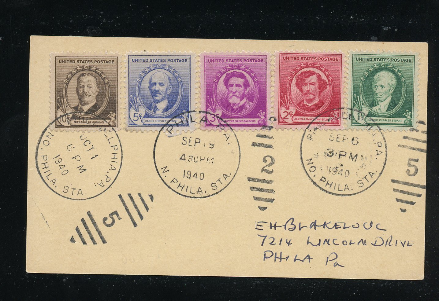 US 884-888 Famous American Artists hand cancel second day in ...