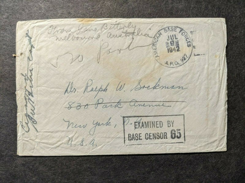 APO 927 SYDNEY, AUSTRALIA 1942 Censored WWII Army Cover Officer's Mail ...