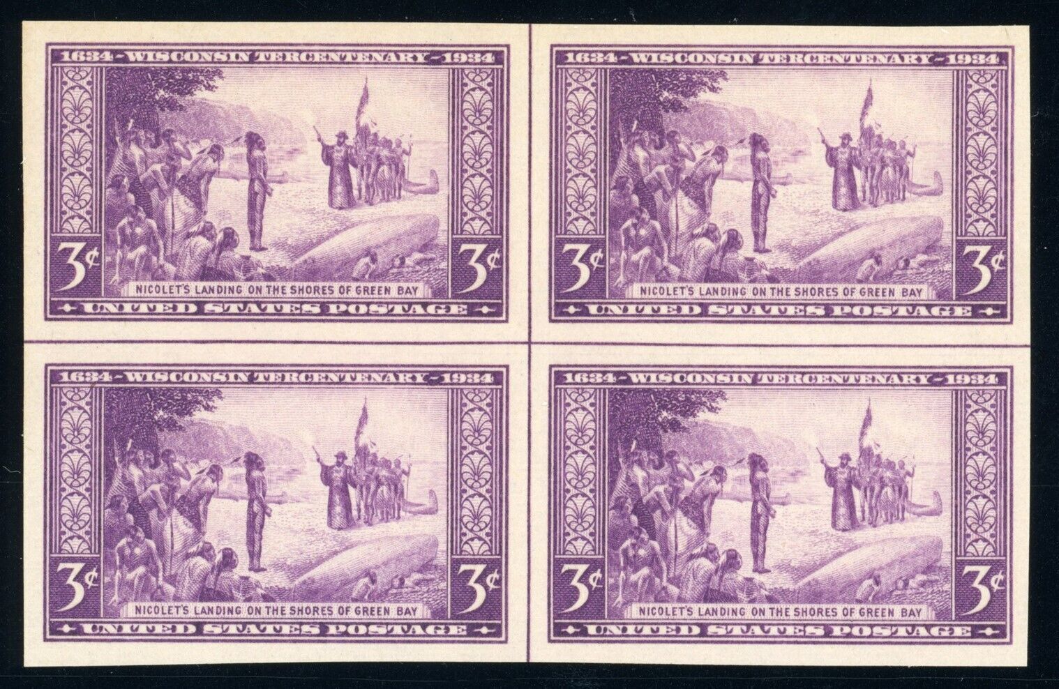 US Stamp #755 Wisconsin Tercentenary 3c - Centerline Block of 4 - MNH ...
