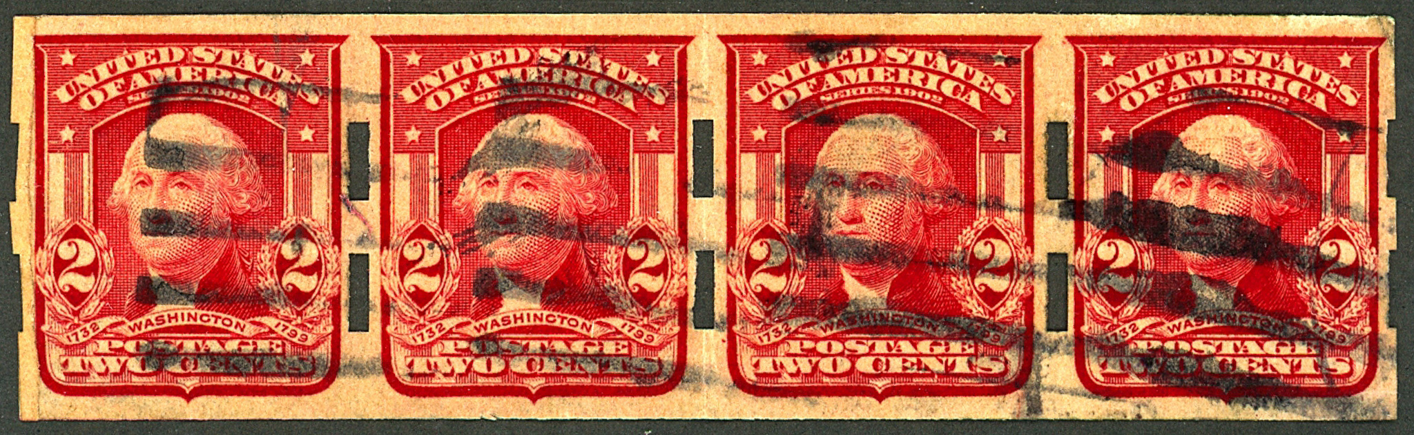 U.S. #320A Used Strip of 4 With APS Cert Schermack Perfs Lake Shade ...