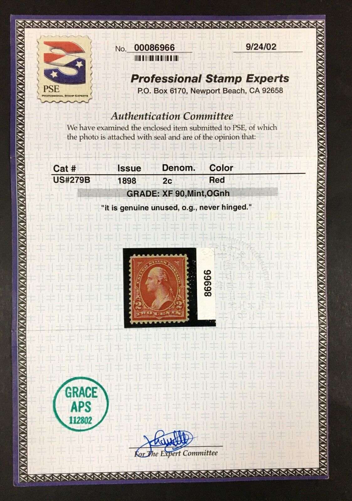 US Stamps #279B Mint OG NH PSE Graded Cert Xf-90 LOT #89055 | United ...
