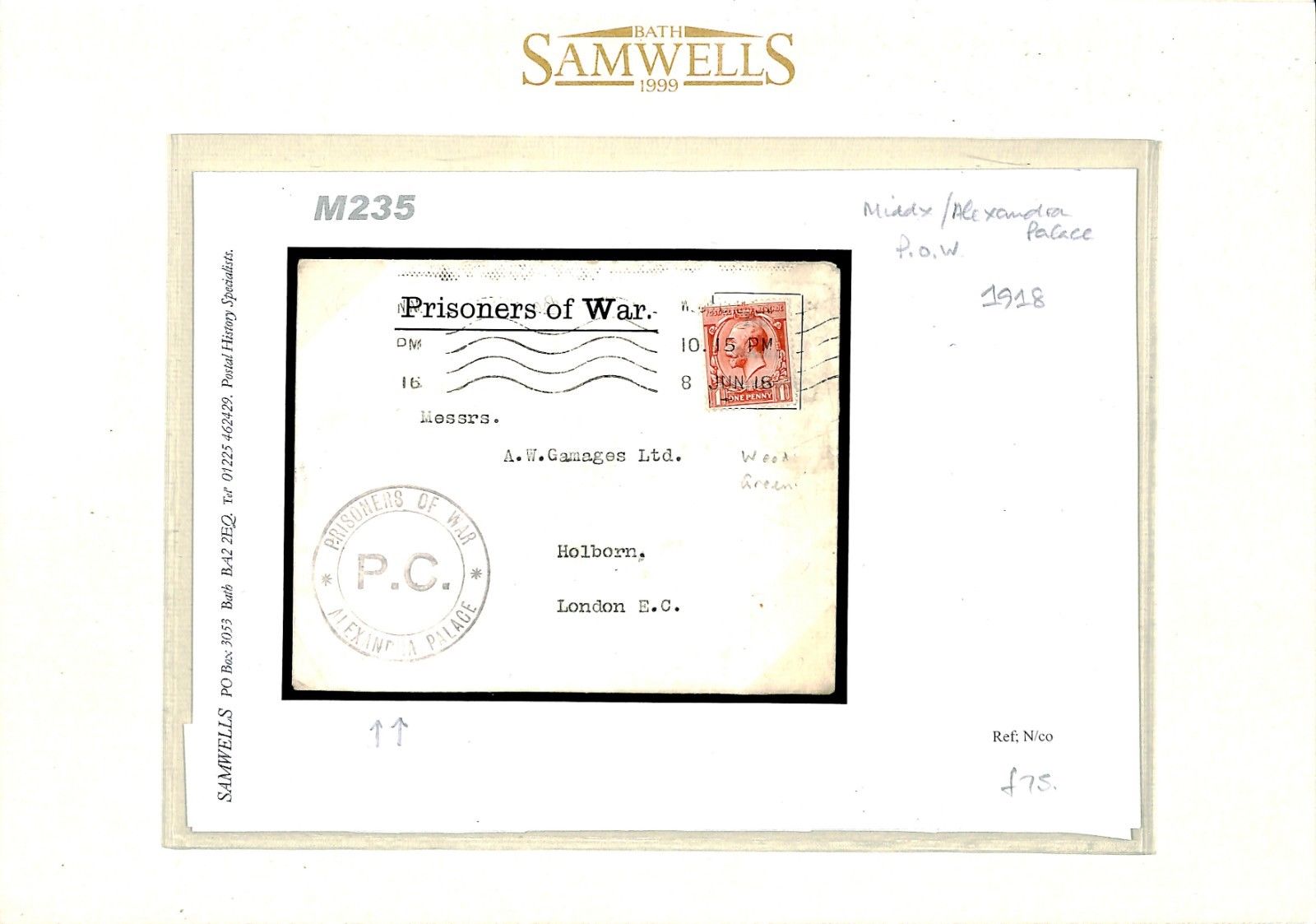 GB WW1 POW *Alexandra Palace* Censor 1918 Cover PRISONERS OF WAR ...