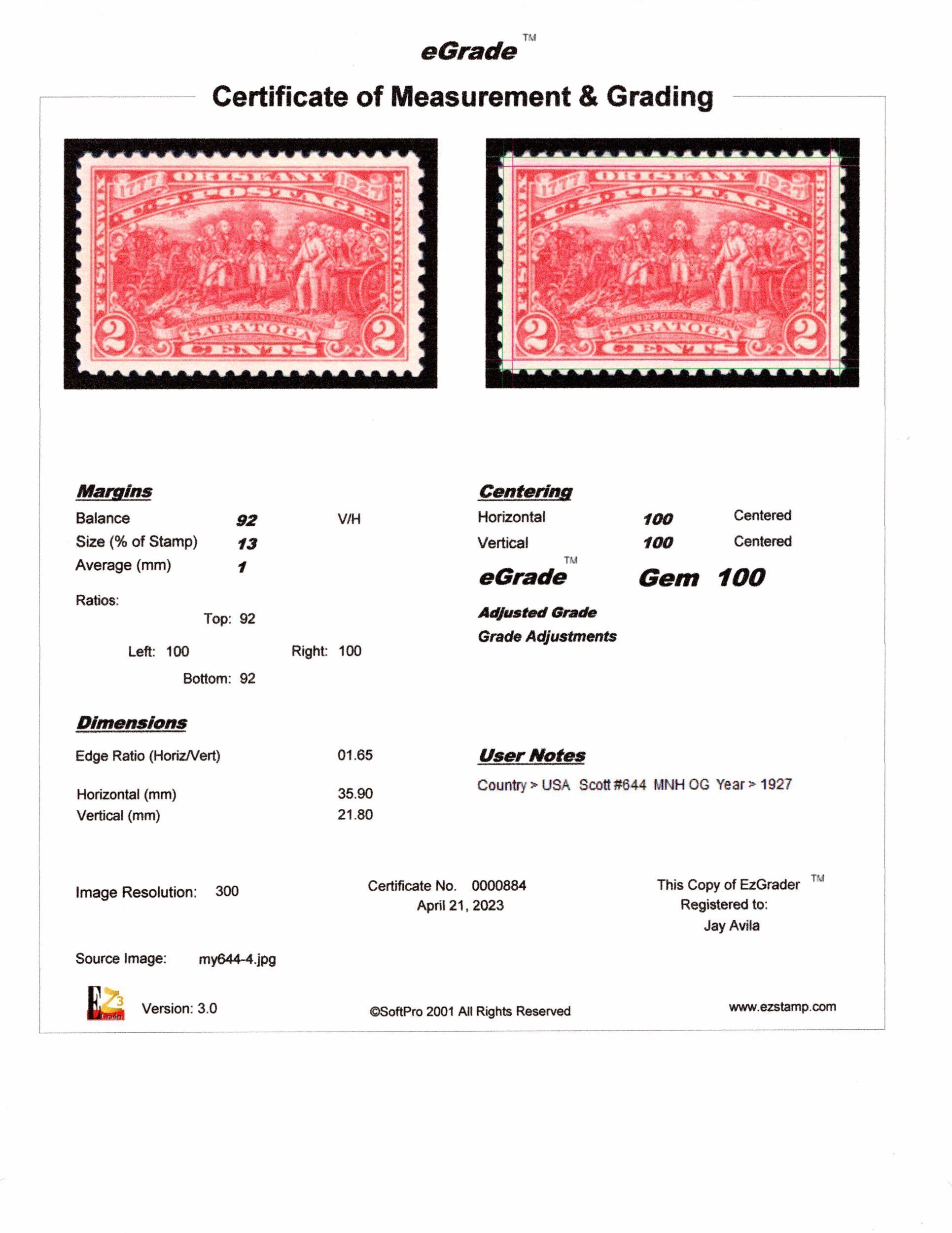 US Scott #644 MLH OG 2c "Surrender of Burgoyne" eGraded With ...