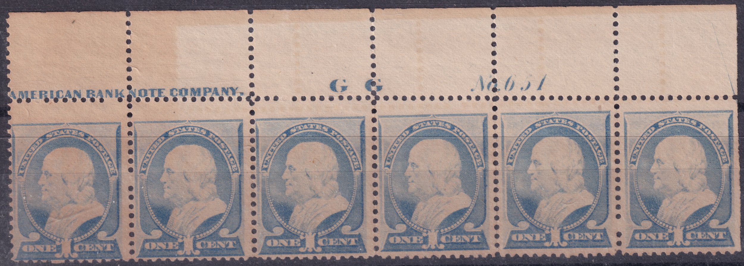 #212 Mint NG, Fine+, Plate number strip of 6, imprint (CV $?,???) (CV ...