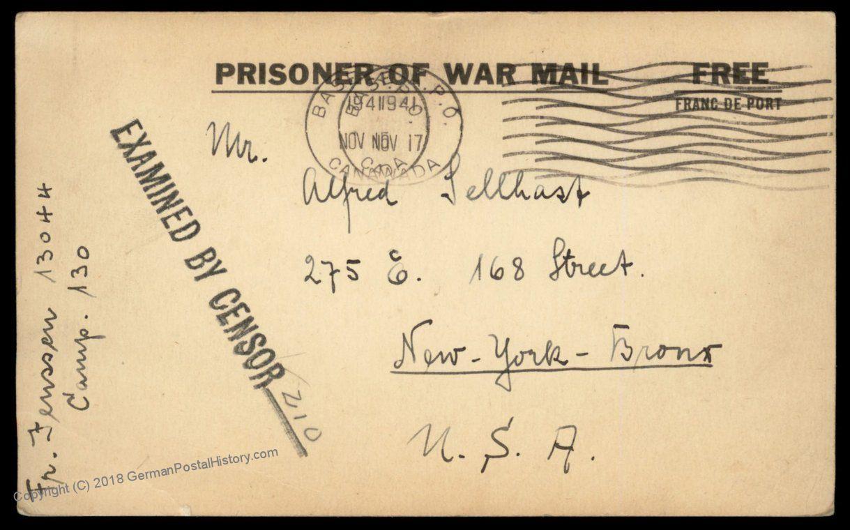 Canada 1941 WWII German POW in Canada Censored Card to USA 90363 ...