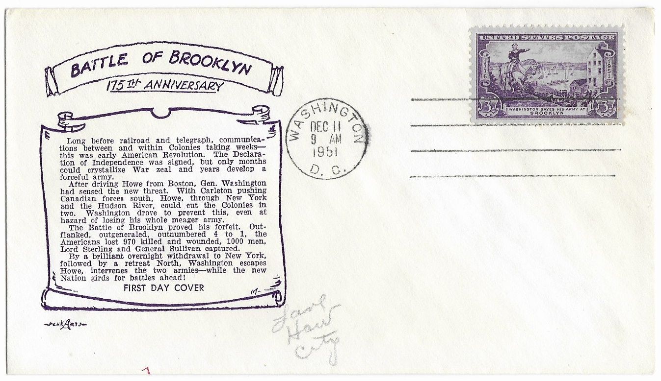 1951 FDC, #1003, 3c Battle of Brooklyn, Pent Arts - 2nd day | United ...