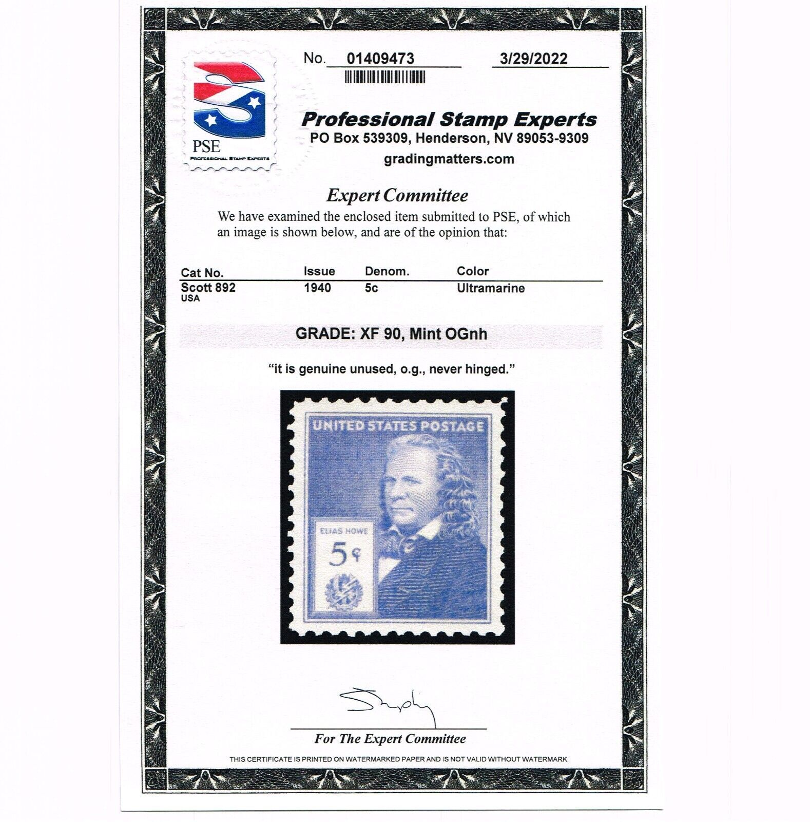 Exceptional Genuine Scott #892 Mint Pristine OG NH PSE Cert Graded Xf ...