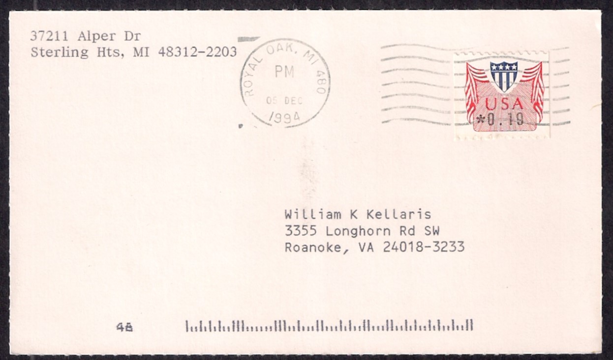 CVP31c Computer Postage Stamp used 1994 19c on post card to VA SCARCE ...