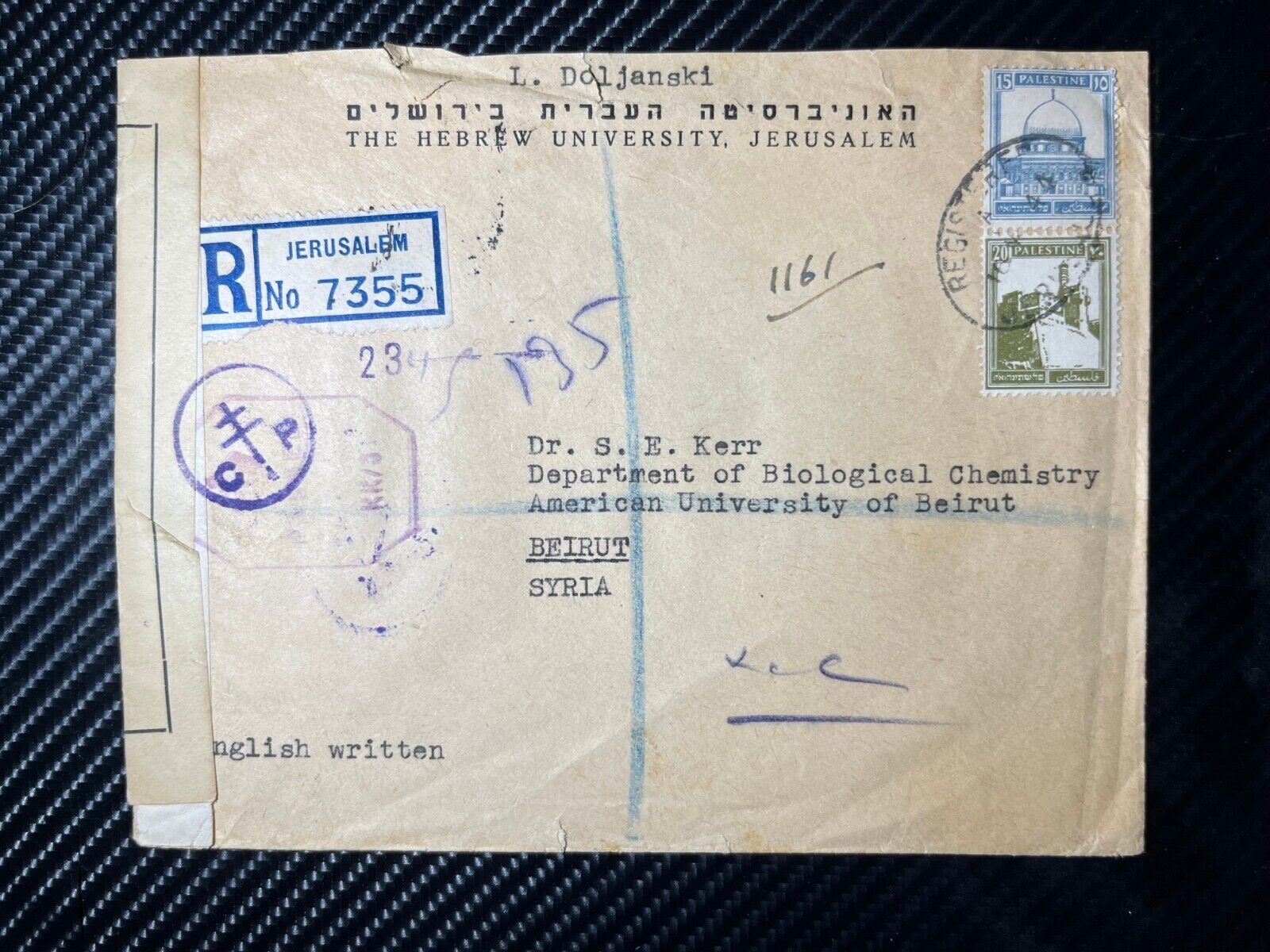 1944 Registered Censored Palestine Cover Jerusalem to Beirut Middle East 2 | Middle East ...