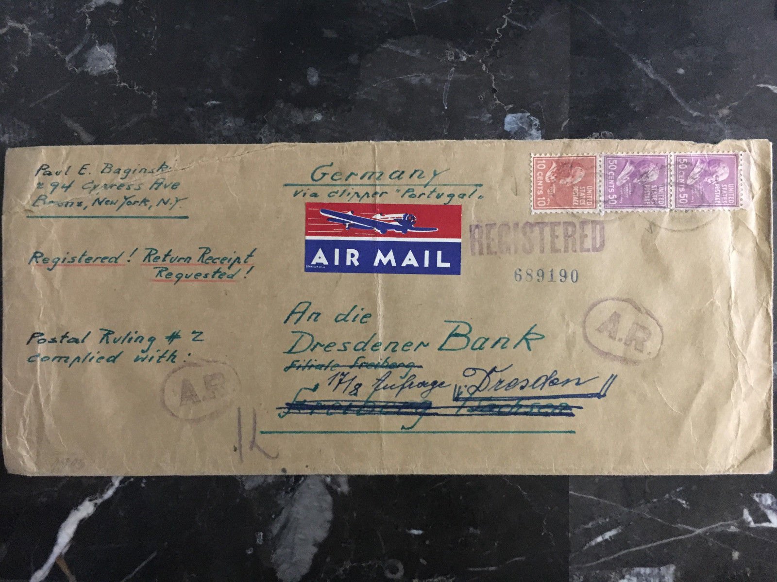 1940 Bronx NY USA Airmail Oversize Cover via Portugal to Dresden Bank ...