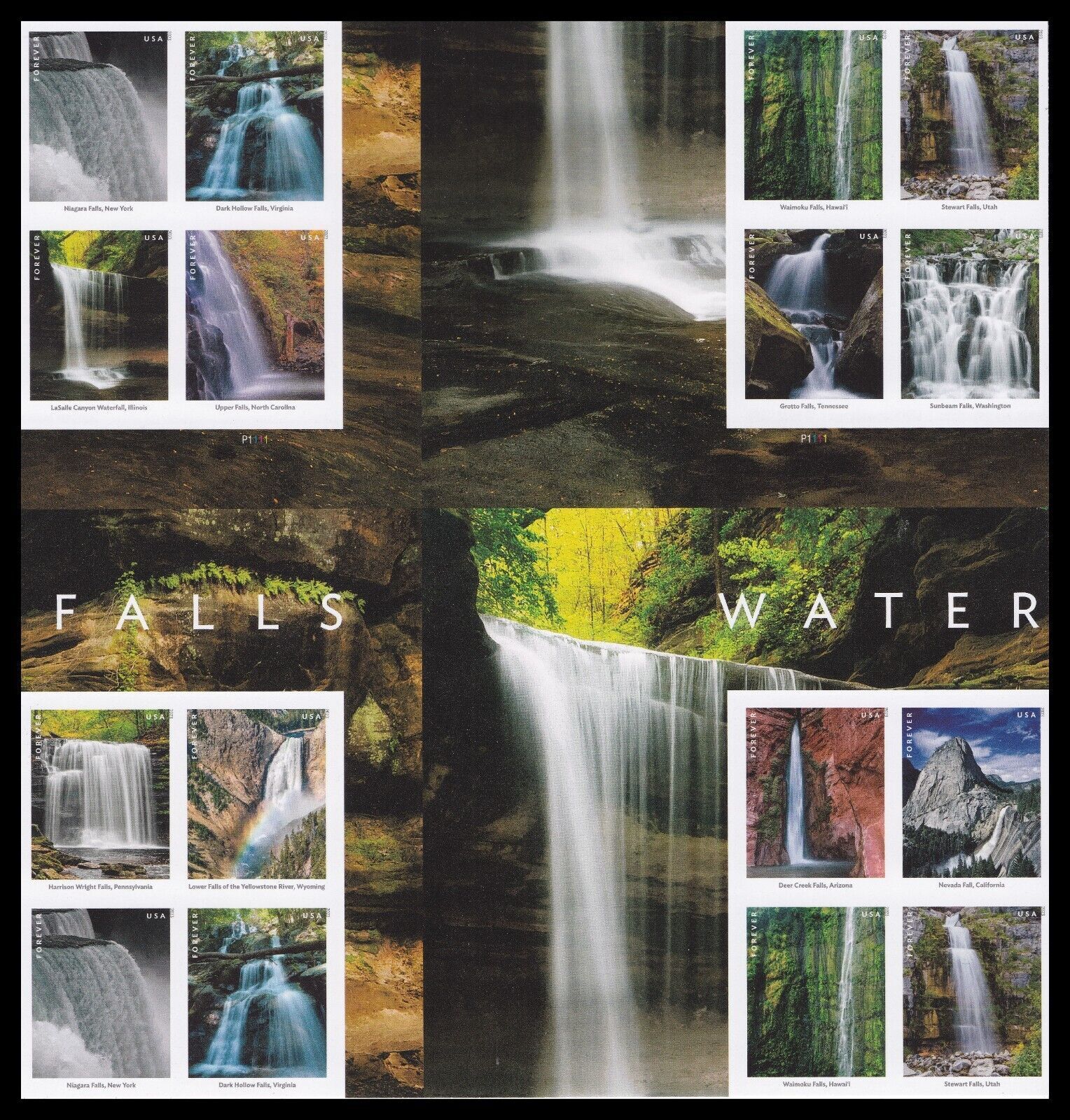 US 5800m Waterfalls imperf NDC cross gutter block (16 stamps) MNH 2023 ...