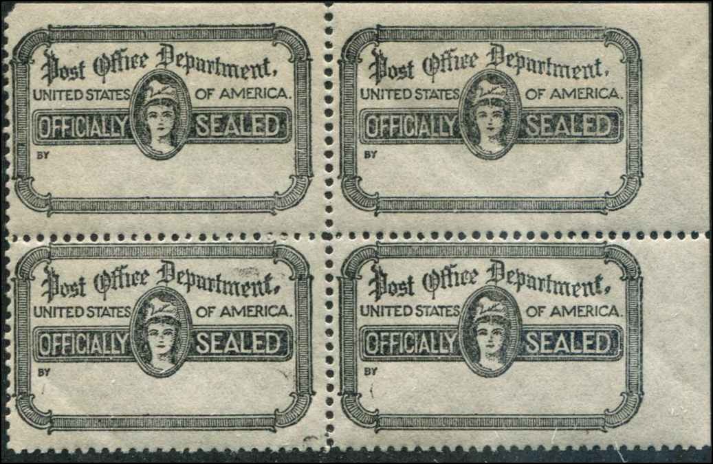 USA SC# OX21 Post Office Seals blk of four 2MH, 2MNH perf sep to lt ...