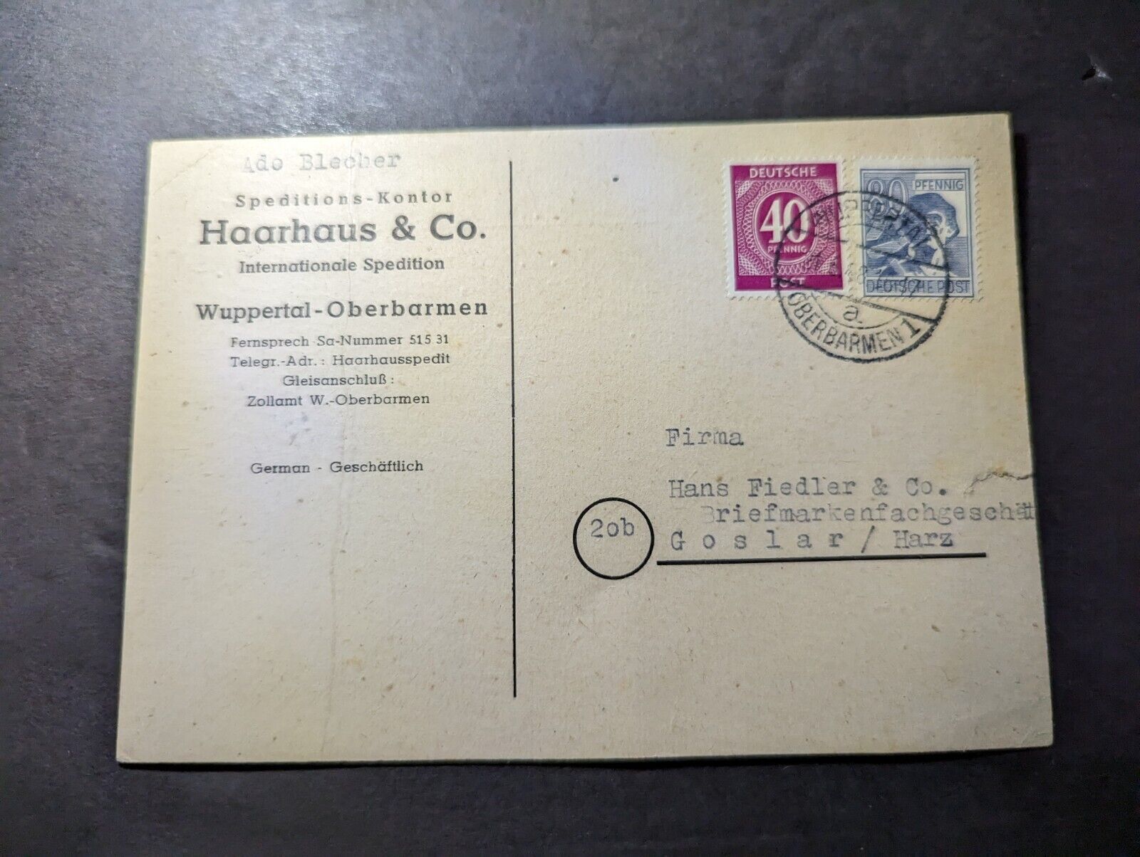 1948 Germany Postcard Cover Wuppetal to Goslar Hans Fiedler and Co ...